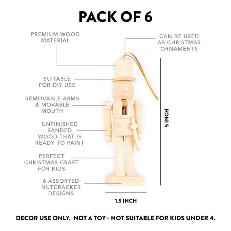 The Holiday Aisle® Set Of 6 Assorted Christmas Unfinished Wooden Nutcracker Figurines, Blank Diy ...